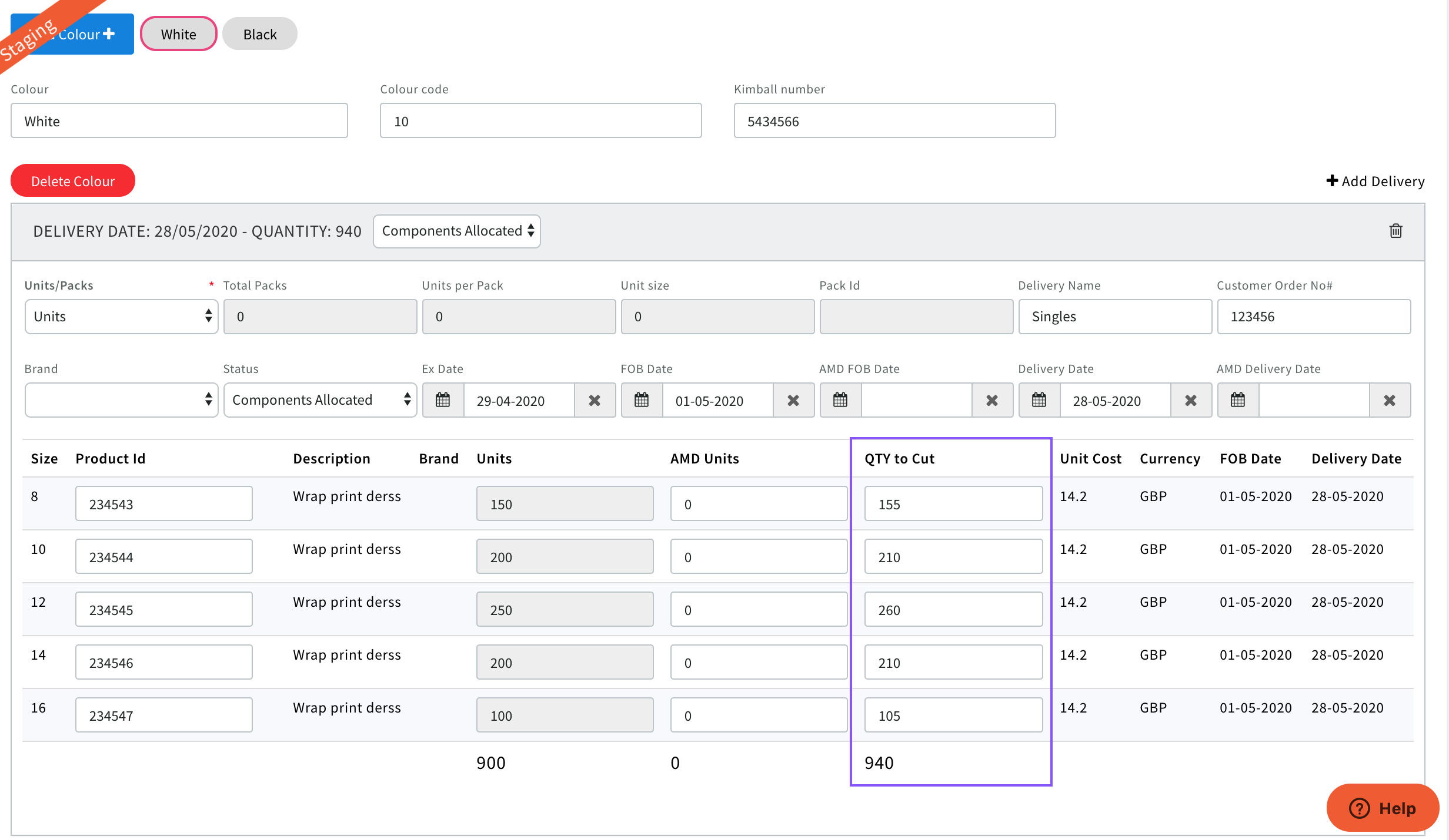 Production Order Delivery tab – Fabacus