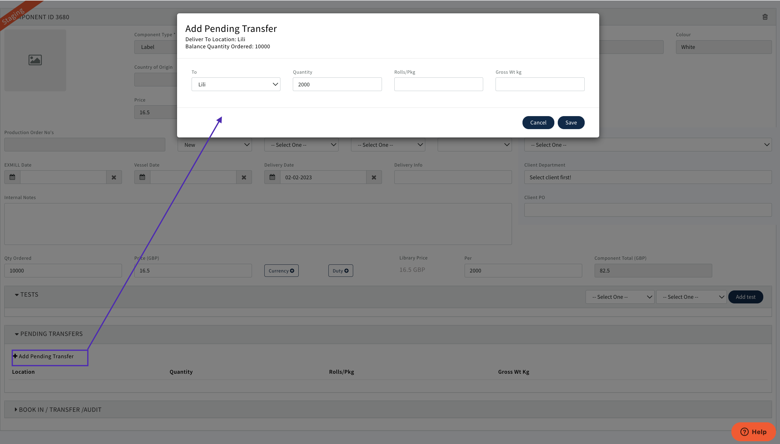 Pending Transfer on a Purchase Order – Fabacus