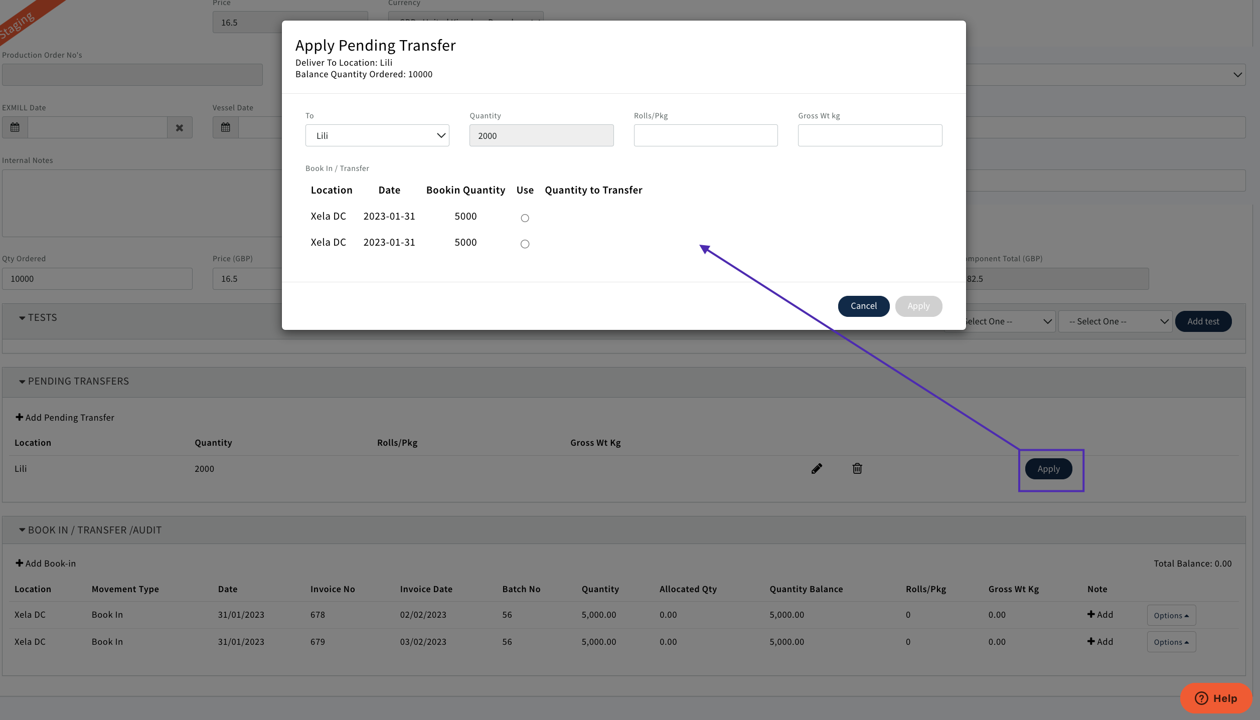 Pending Transfer on a Purchase Order – Fabacus
